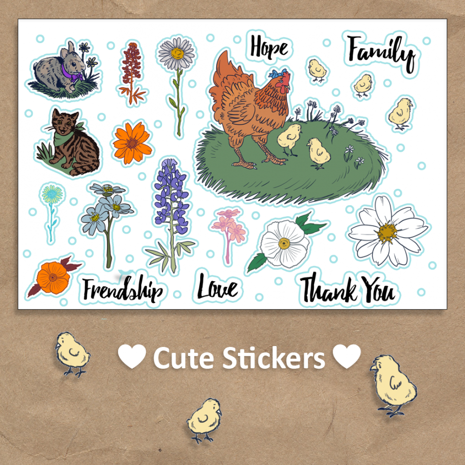 Cute Old Fashioned Animal Sticker Set - Smiling Cat Media - Flowers too
